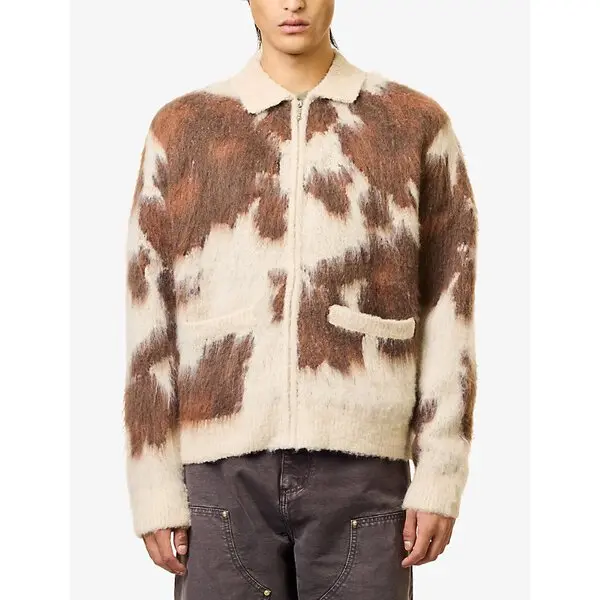 Obey Cow-print Zip-up Knit Cardigan