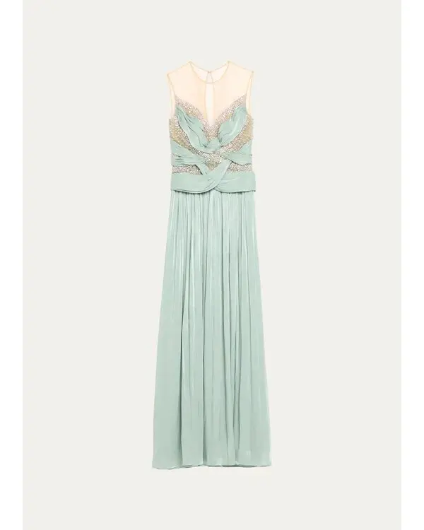 Costarellos Branka Embellished Crisscross Lurex Georgette Illusion Gown - Mint