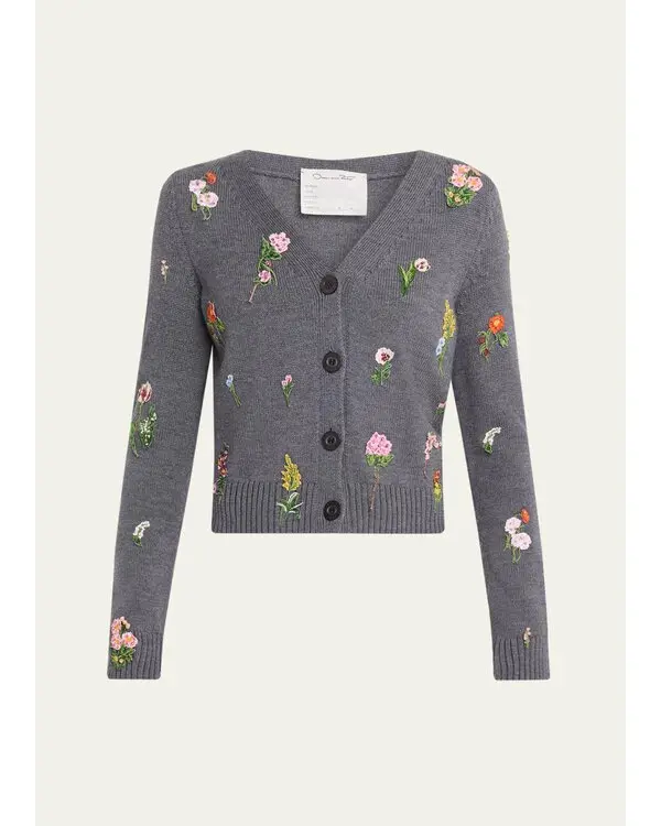 Oscar De La Renta Embroidered Wool Mini V-neck Cardigan