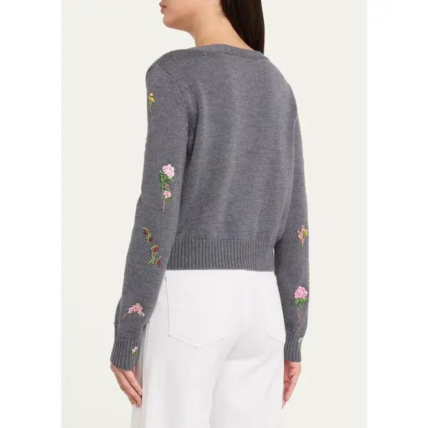 Oscar De La Renta Embroidered Wool Mini V-neck Cardigan