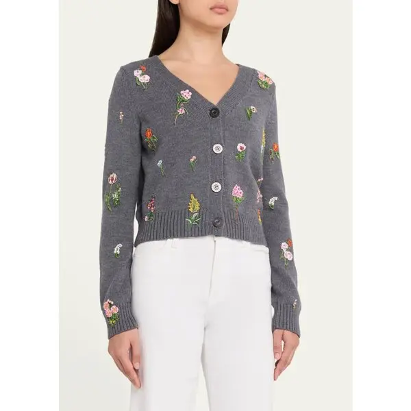 Oscar De La Renta Embroidered Wool Mini V-neck Cardigan