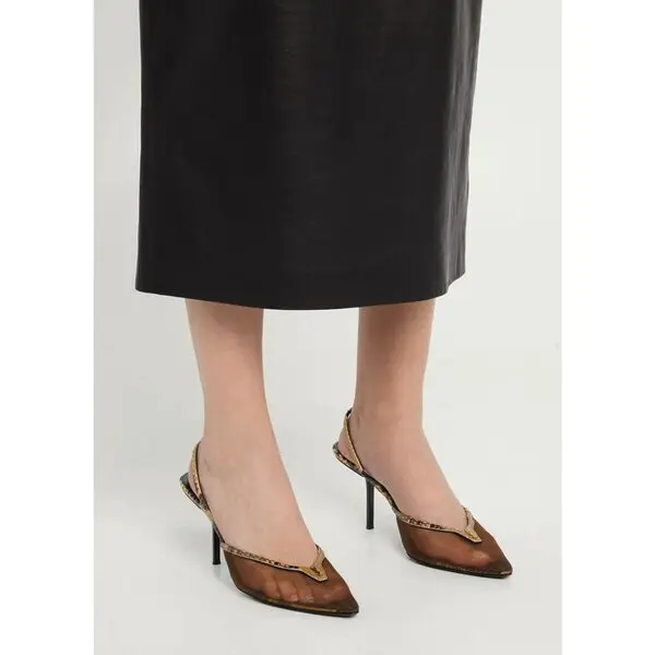 Saint Laurent 90mm Mesh And Python-embossed Leather Slingback Pumps - Gold