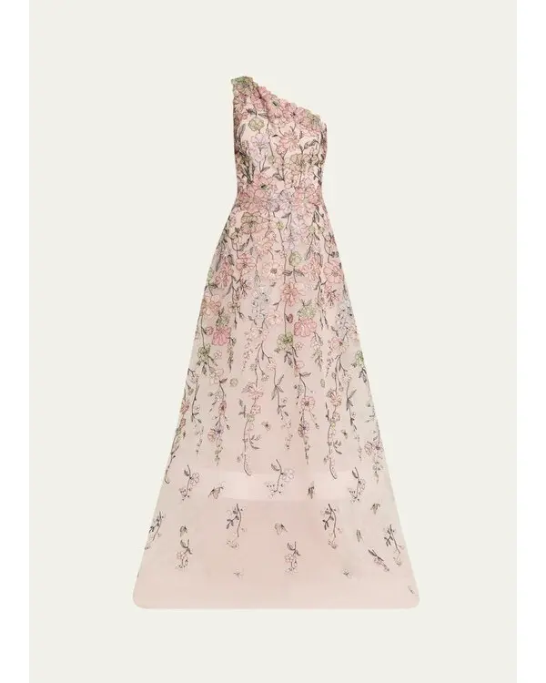 Rickie Freeman For Teri Jon One-shoulder Embroidered Tulle Gown - Blush Multi
