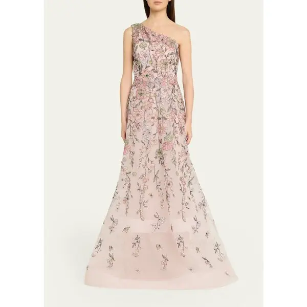 Rickie Freeman For Teri Jon One-shoulder Embroidered Tulle Gown