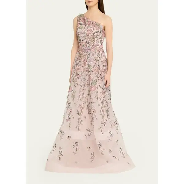 Rickie Freeman For Teri Jon One-shoulder Embroidered Tulle Gown