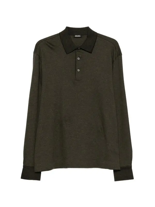 Zegna Cotton Knit Polo With Folded Hem, Knit Cuffs & Leather Placket Details - Verde