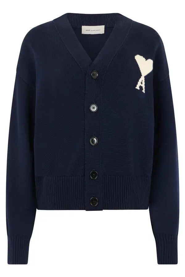 AMI Paris Wool-cotton Cardigan Sweater With Embroidered Chest