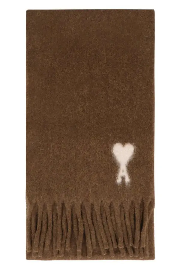 AMI Paris Oversized Alpaca Blend Scarf With De Coeur Jacquard And Fringed Hem - Brown