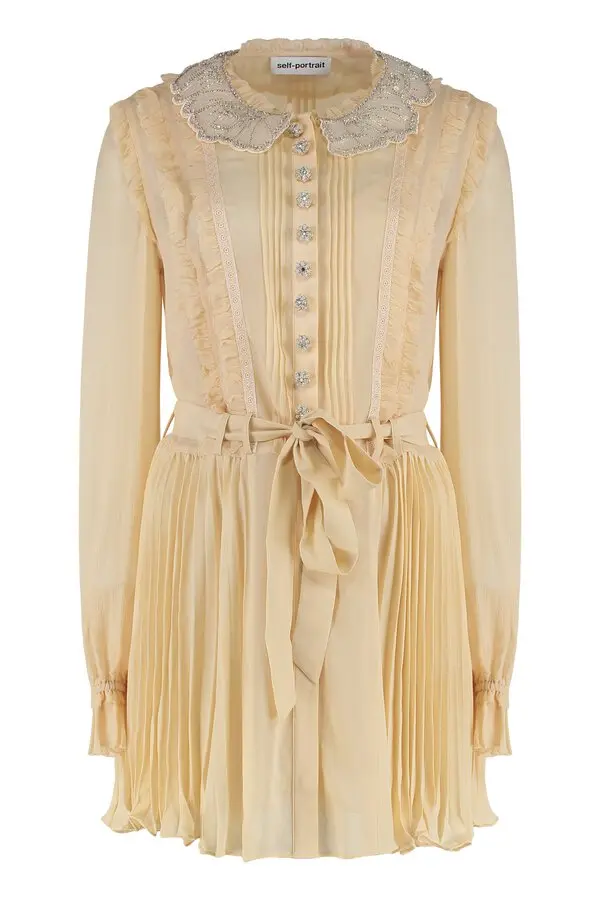 SELF-PORTRAIT Mini Pleated Georgette Dress With Decorated Collar & Ruffled Detail - Beige