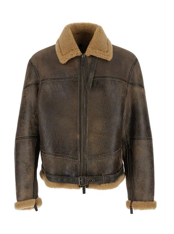 Emporio Armani S Shearling-lined High-neck Leather Jacket With Waist Belt