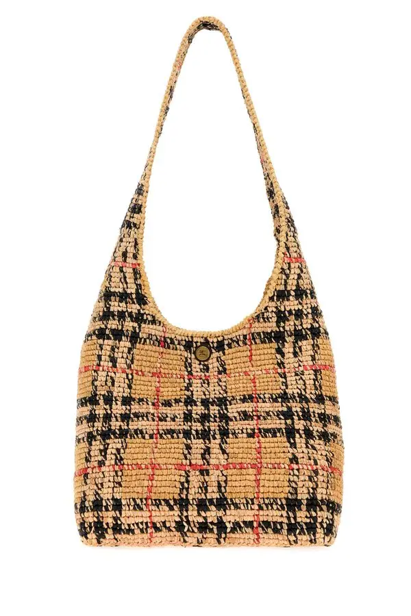 Burberry Embroidered Raffia Margate Shoulder Handbag - Checked