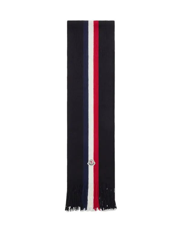 Moncler Monochrome Brioche Stitch Wool Scarf With Tricolour Stripe Fringe - Nero