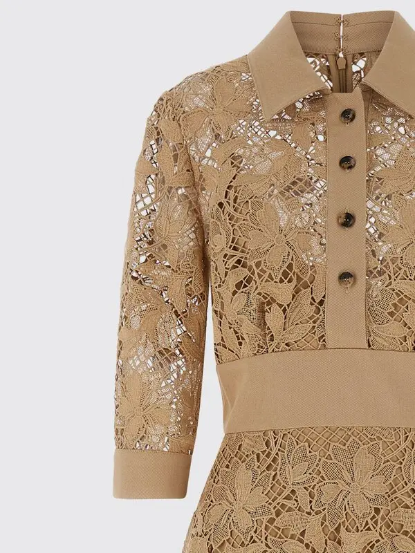 Elie Saab Macramé Lace Midi Shirtdress With Short Sleeves