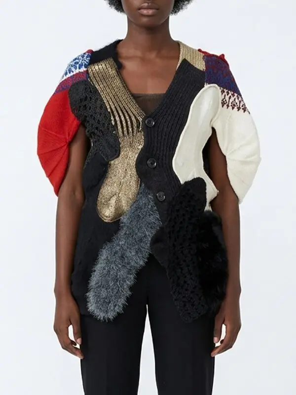 Junya Watanabe Asymmetric Patchwork Wool-blend Cardigan With Puff Sleeves