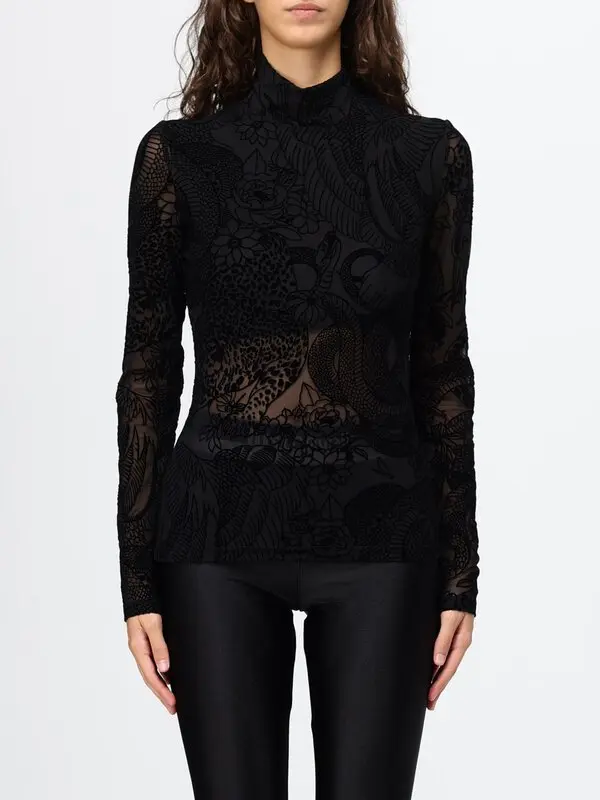 Just Cavalli Sheer Tulle Turtleneck Top With Floral Embroidery
