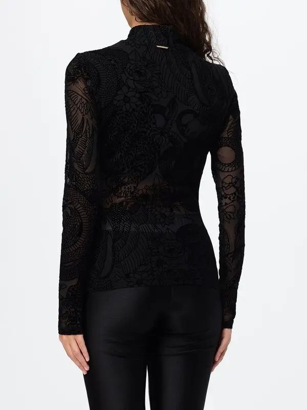 Just Cavalli Sheer Tulle Turtleneck Top With Floral Embroidery