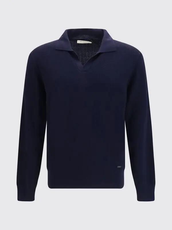 BROOKSFIELD Long-sleeved V-neck Wool Polo Shirt With Ribbed Trims