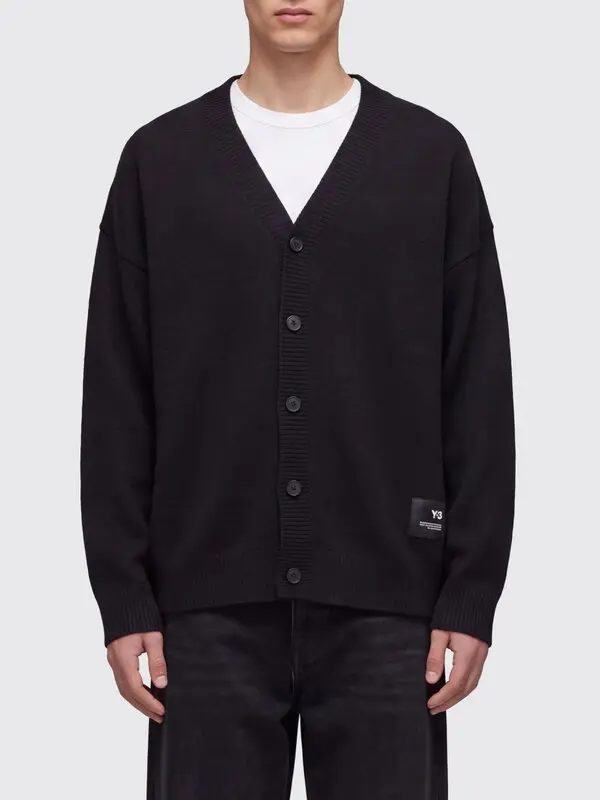 Y3 V-neck Cardigan In Merino Wool Blend With All-over Graphic Print - Black