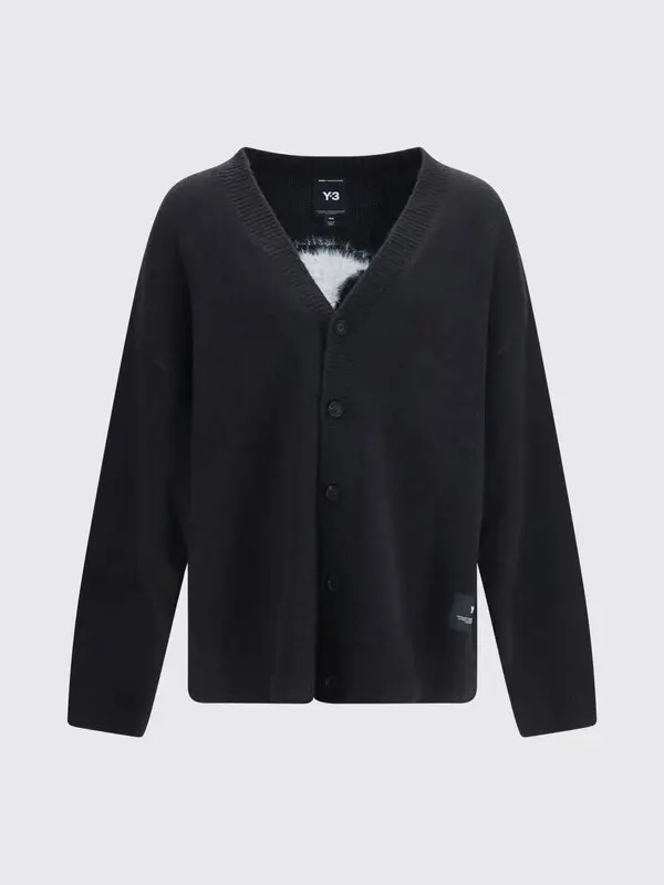 Y3 V-neck Cardigan In Merino Wool Blend With All-over Graphic Print - Black