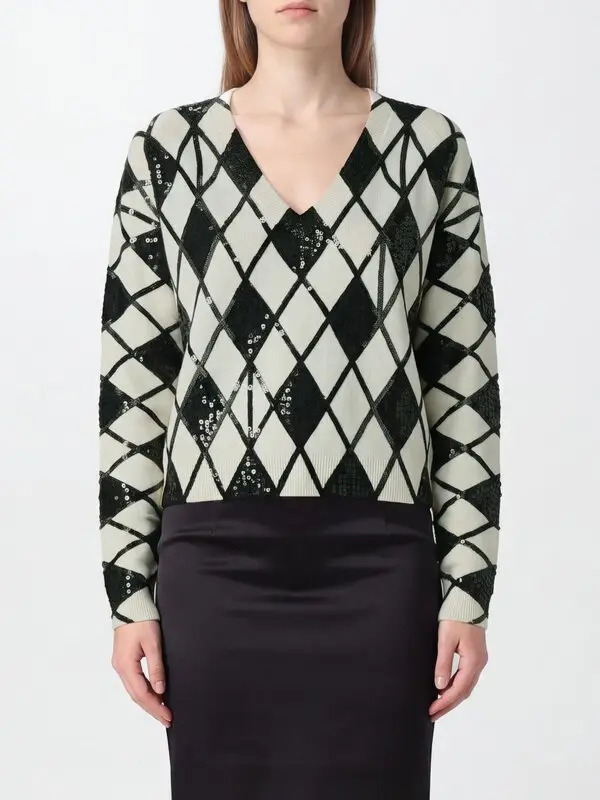 Blumarine Wool And Cashmere Argyle V-neck Jumper With Sequins - Black