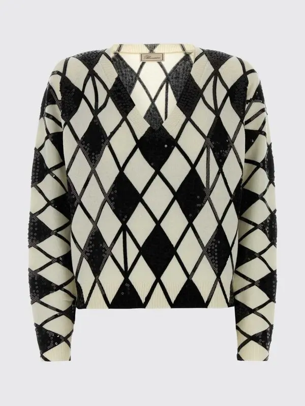 Blumarine Wool And Cashmere Argyle V-neck Jumper With Sequins