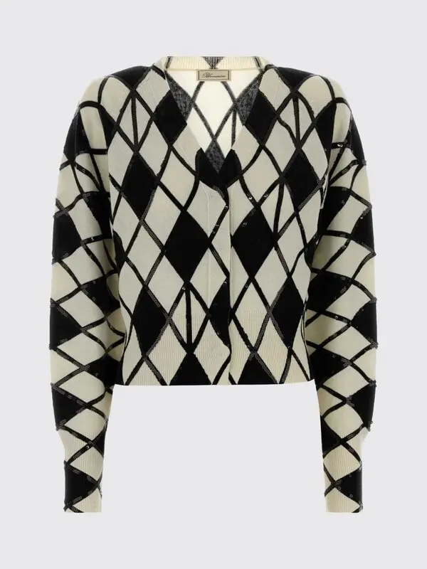 Blumarine Wool And Cashmere Argyle Cardigan With Sequin Embellishment