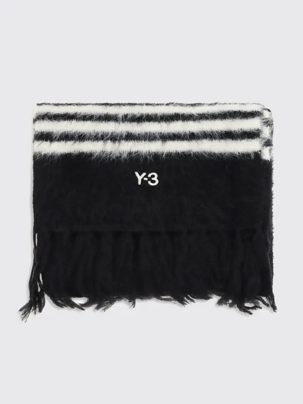 Y3 Striped Recycled Fabric Scarf With Logo And Fringes - Black