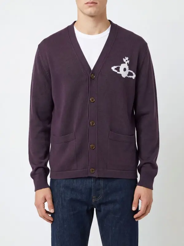 VIVIENNE WESTWOOD V-neck Wool Cardigan With Jacquard Orb Logo - Red