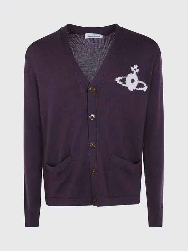 VIVIENNE WESTWOOD V-neck Wool Cardigan With Jacquard Orb Logo - Red