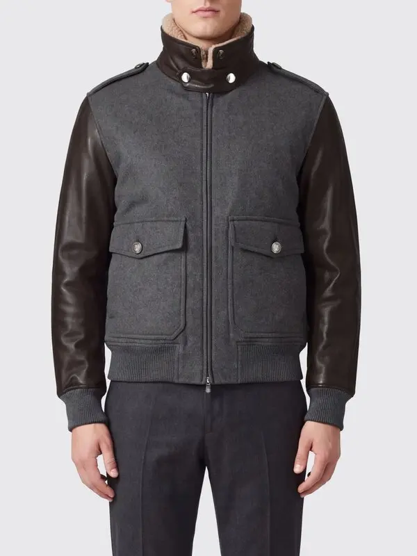 Brunello Cucinelli Cashmere Bomber Jacket With Fur Collar And Leather Details