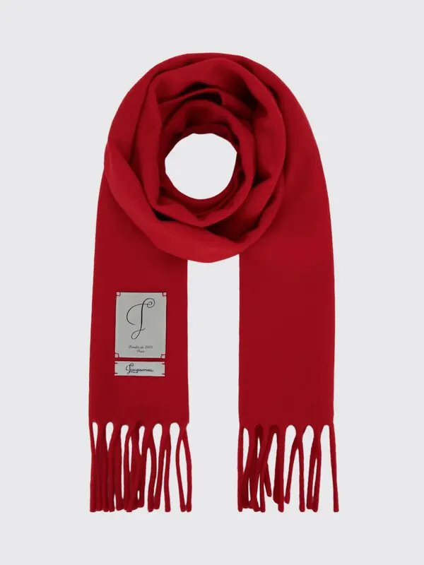 Jacquemus Colour-block Wool-blend Scarf With Fringes And Applied Logo - Red