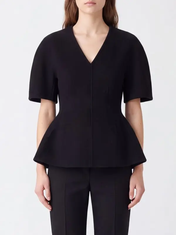 LISA YANG V-neck Wool And Cashmere Short-sleeve Top With Ruffles