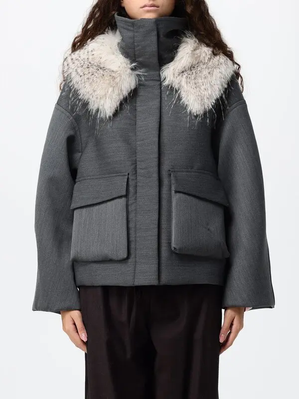 TELA Short Coat In Virgin Wool Blend With Fur Collar