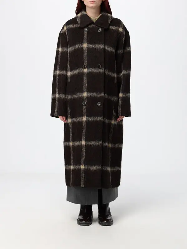 ELEH Long Double-breasted Check Wool Blend Coat In An Oversize Fit