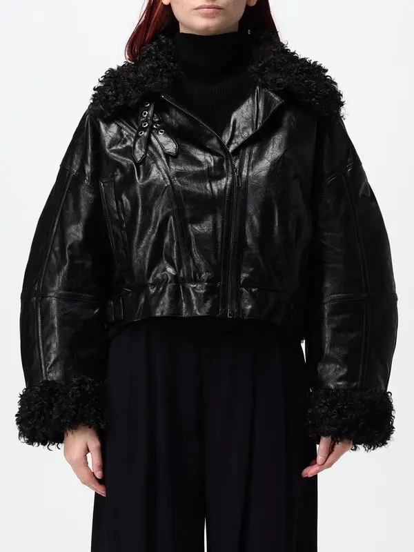 ELEH Faux Leather Bomber Jacket With Faux Fur Collar And Cuffs