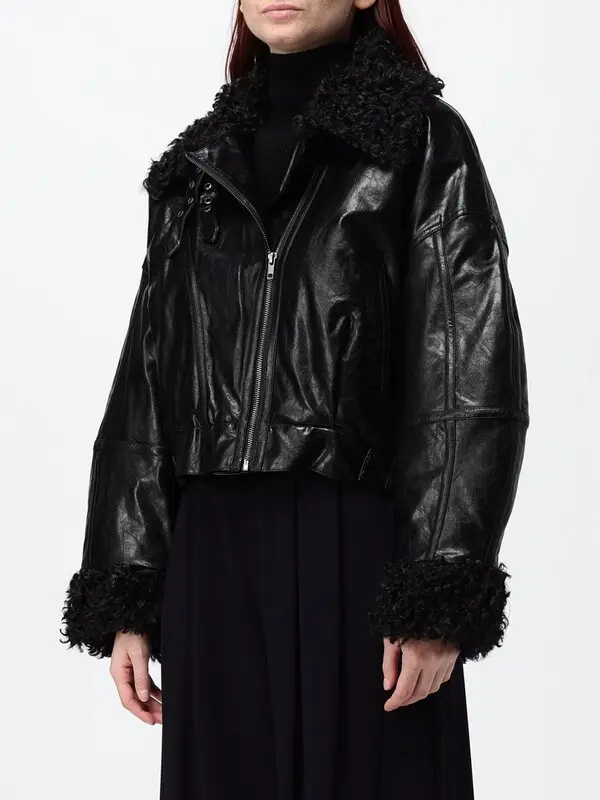 ELEH Faux Leather Bomber Jacket With Faux Fur Collar And Cuffs
