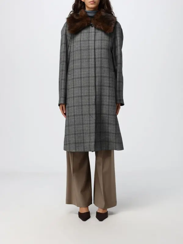 TELA Check Long Coat In Pure Virgin Wool With Fur Collar