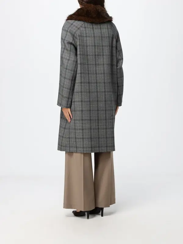 TELA Check Long Coat In Pure Virgin Wool With Fur Collar