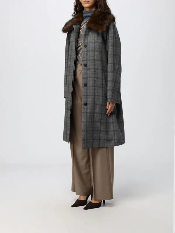 TELA Check Long Coat In Pure Virgin Wool With Fur Collar
