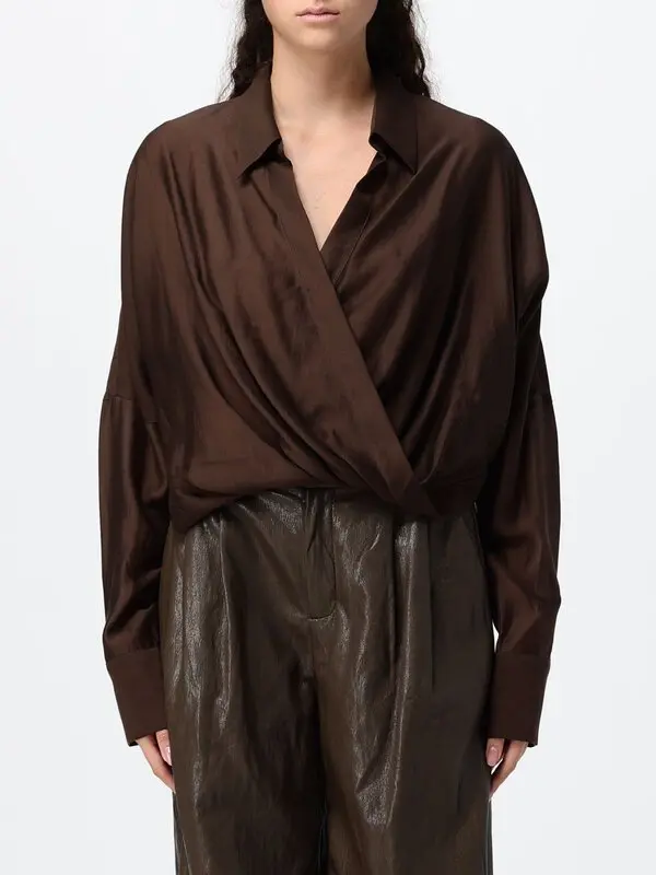 ELEH Relaxed Fit V-neck Crêpe Blouse With Long Sleeves And A Classic Collar - Dark