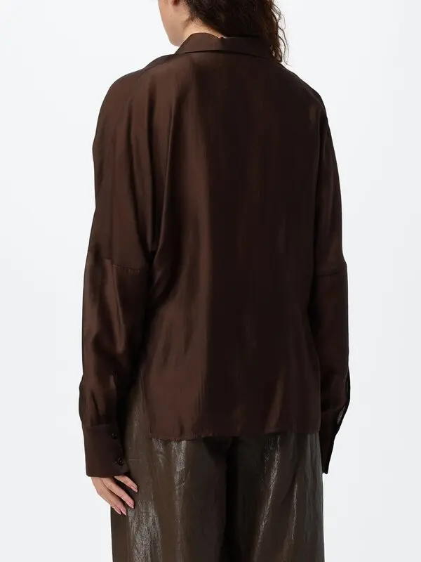 ELEH Relaxed Fit V-neck Crêpe Blouse With Long Sleeves And A Classic Collar - Dark