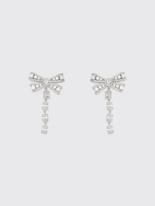SELF-PORTRAIT Pendant Earrings In Chrome-plated Brass With Bow And Set Crystals - Silver