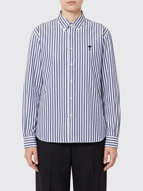 AMI Paris Striped Cotton Shirt With Button-down Collar And Embroidered Logo