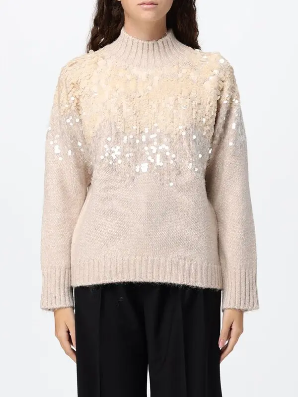 Liu Jo Wool Mock Neck Jumper With Sequin Embroidery - Sand