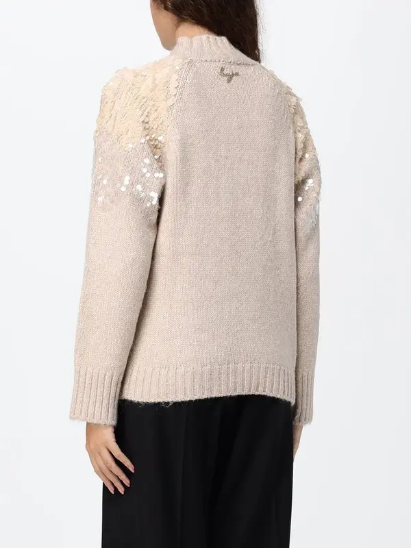 Liu Jo Wool Mock Neck Jumper With Sequin Embroidery - Sand