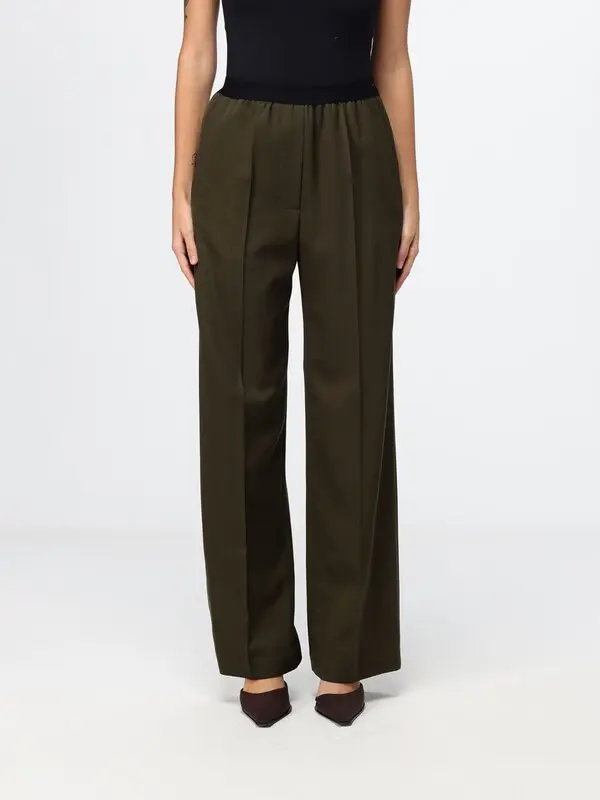 Ter Et Bantine High-waisted Wide-leg Trousers In Pure Virgin Wool With An Elasticated Waist - Olive