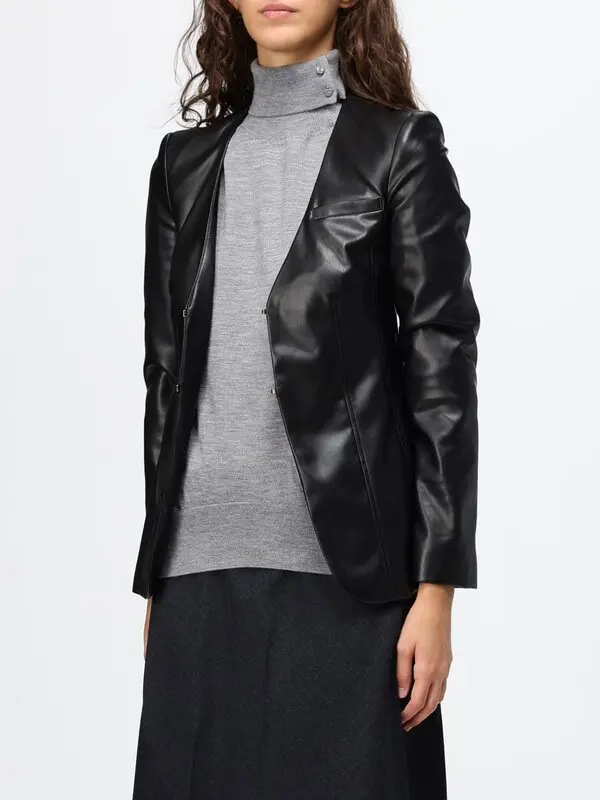 Liu Jo Slim Fit Cropped Faux Leather Blazer With Deep V-neck