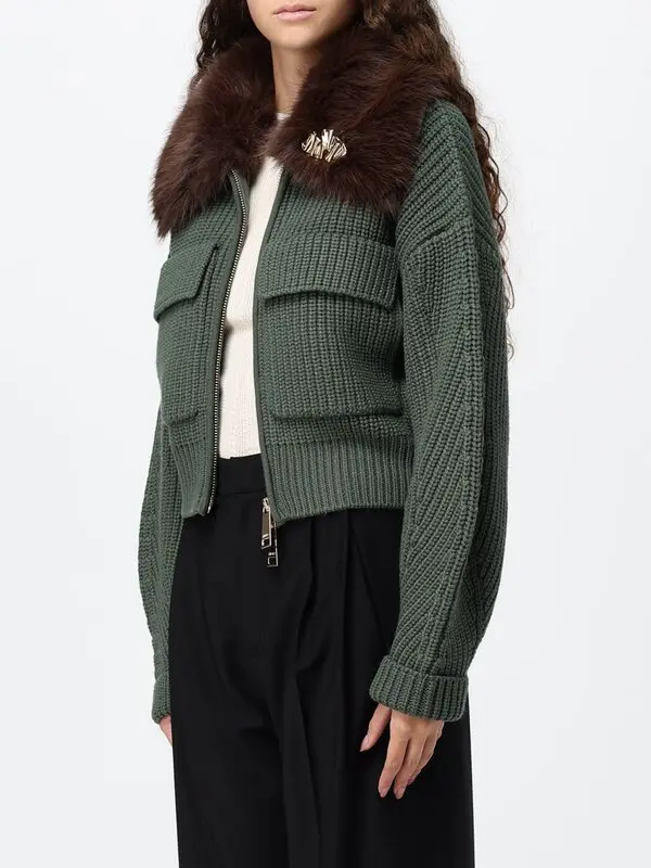 Liu Jo Wool-blend Cardigan With Fur Collar And Zip Closure - Green