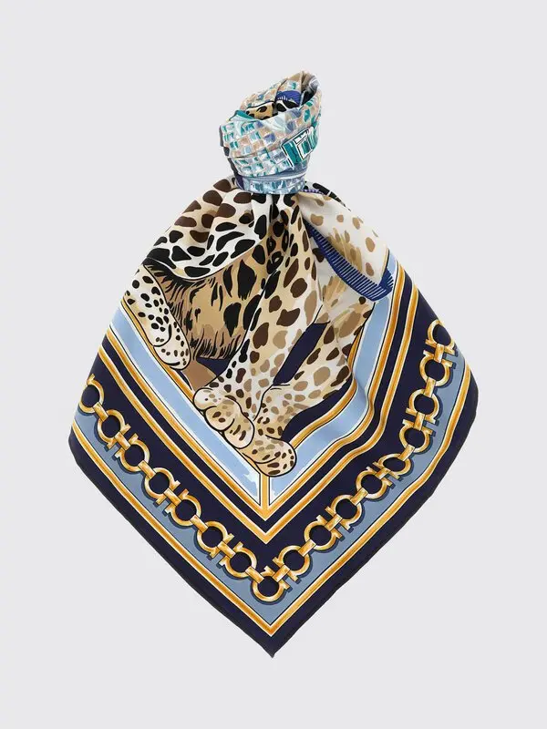 FERRAGAMO Square Silk Scarf With Animal And Graphic Print