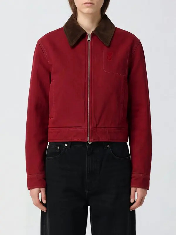 AMI Paris Cotton Shirt Jacket With Corduroy Collar - Red